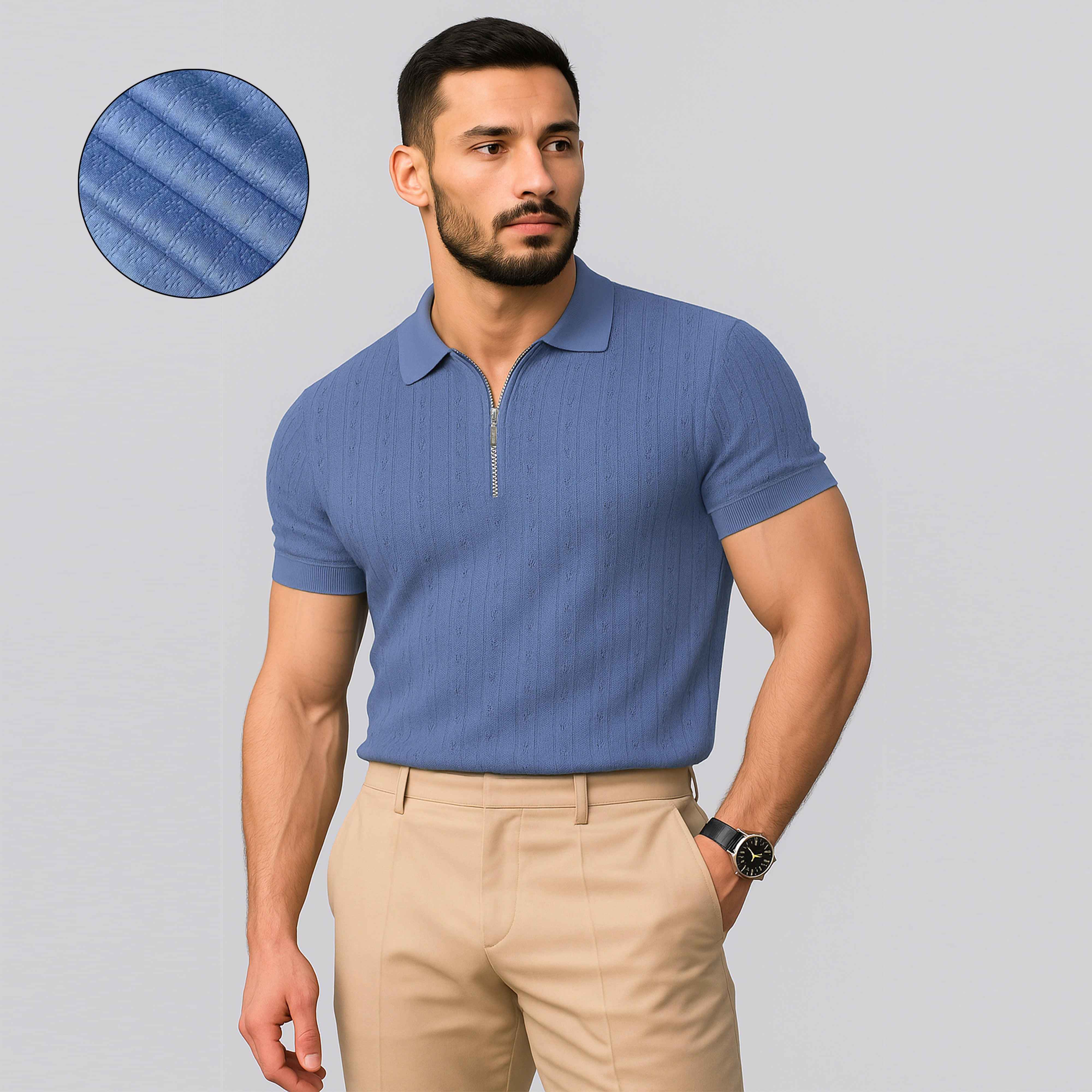 Jupiter Self Textured Knitted Super Soft Zip Neck Polos For Men – Deeds.pk